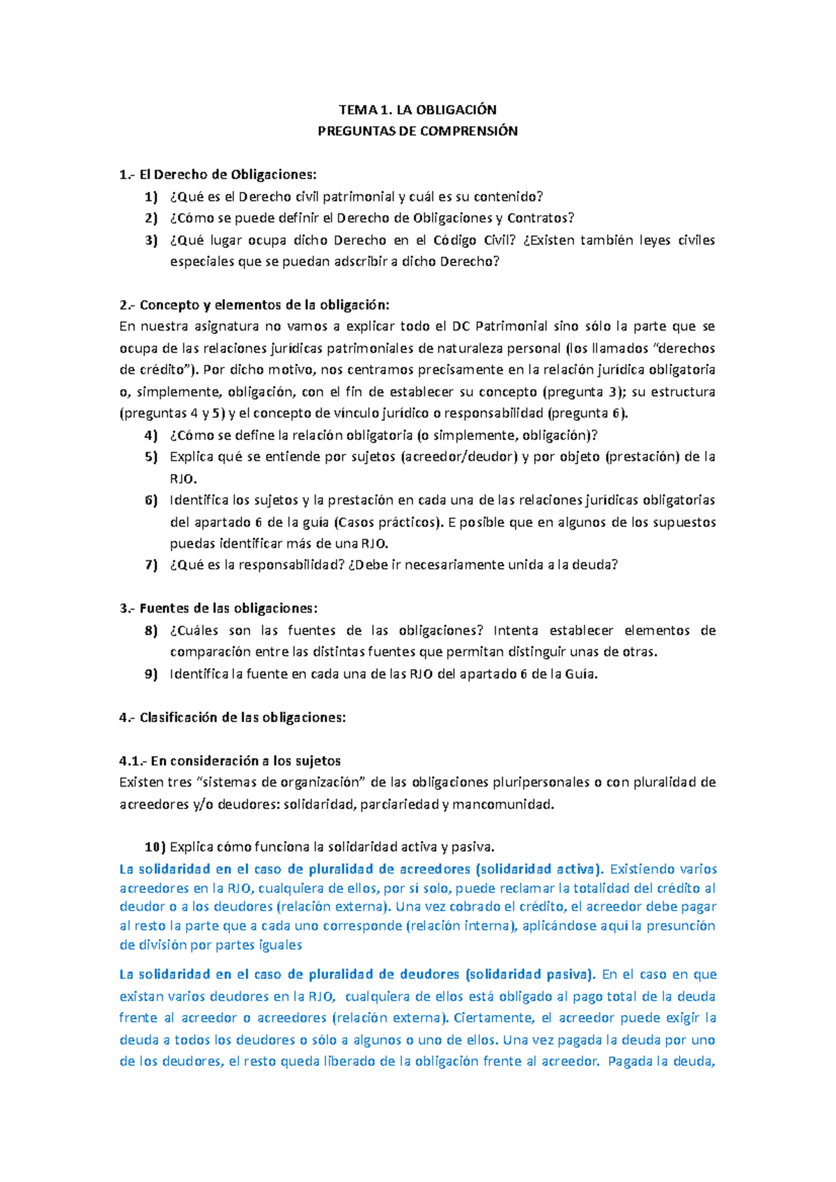 Preguntas comprensión tema 1 - TEMA 1. LA OBLIGACIÓN PREGUNTAS DE ...