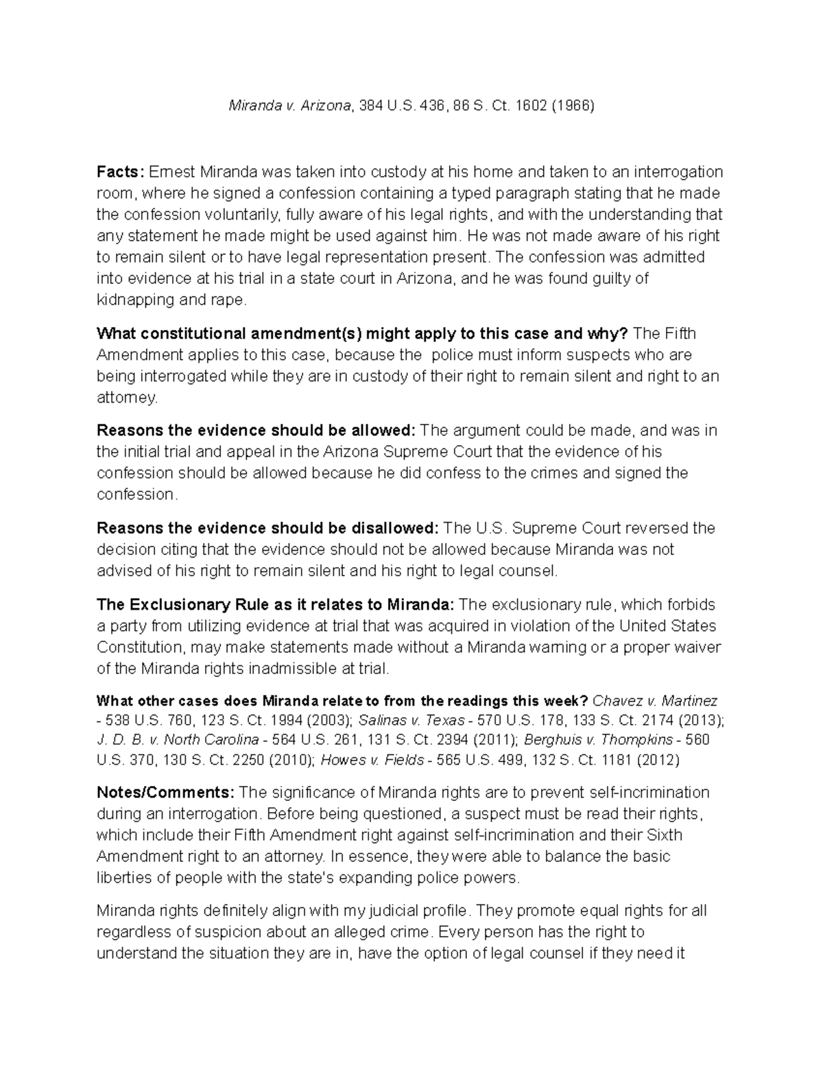 Mod 4 Assignment - Miranda v Arizona - Miranda v. Arizona, 384 U. 436 ...