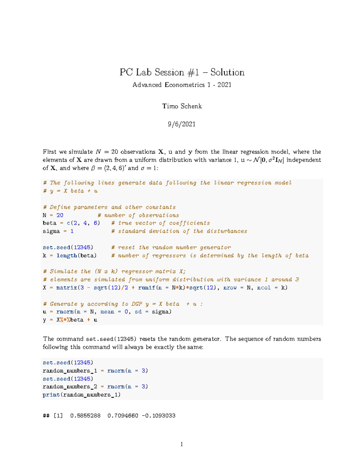 Comp Ex Week1-2 solution - PC Lab Session #1 – Solution Advanced Econometrics 1 - 2021 Timo ...