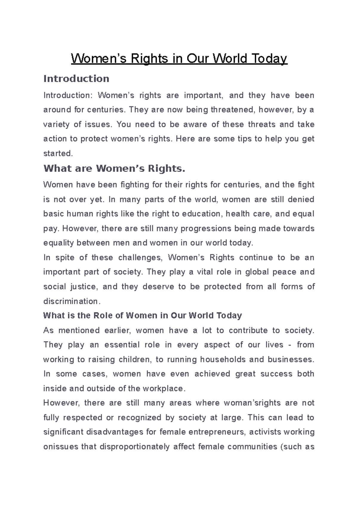 Women’s Rights in Our World Today - Women’s Rights in Our World Today ...