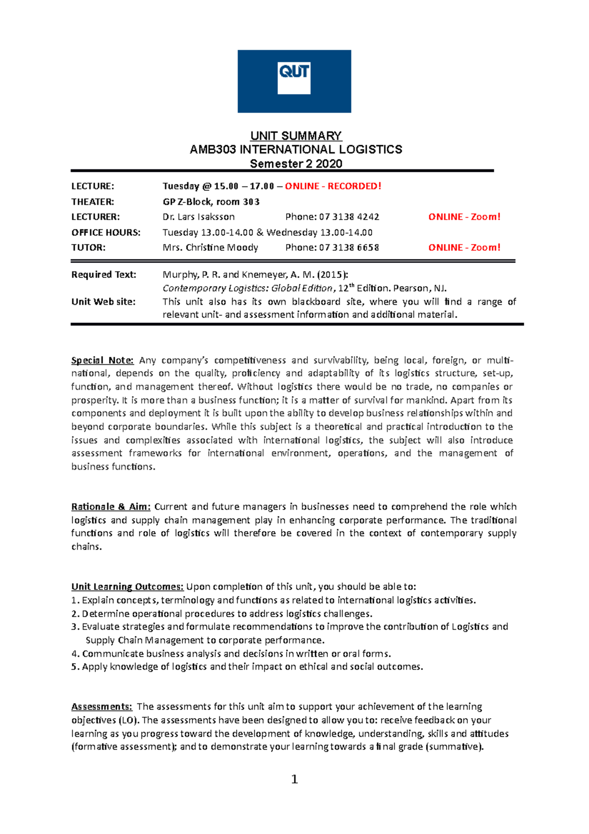 AMB303 Unit Summary - UNIT SUMMARY AMB303 INTERNATIONAL LOGISTICS ...