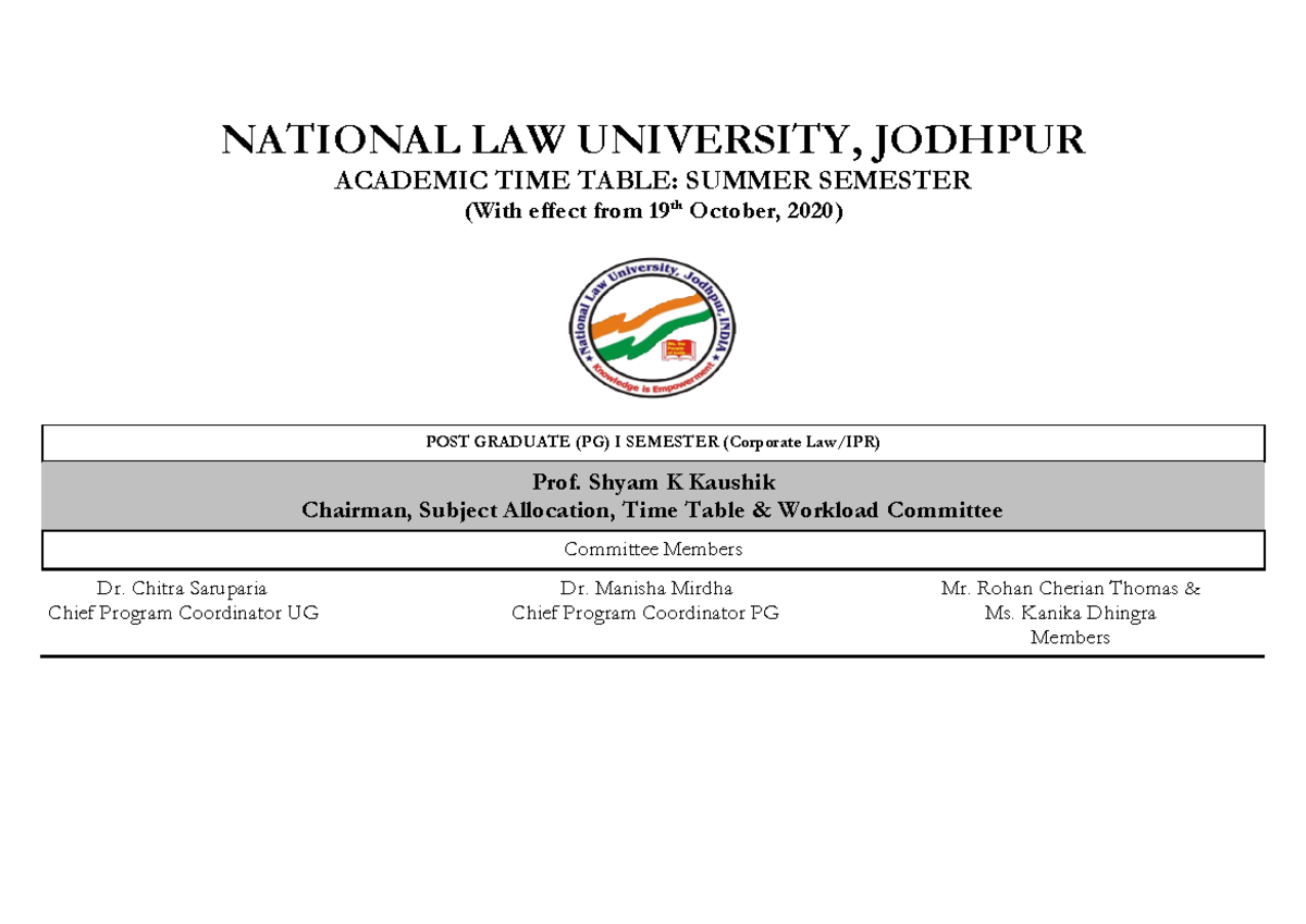 Semester I LLM Time Table - NATIONAL LAW UNIVERSITY, JODHPUR ACADEMIC ...