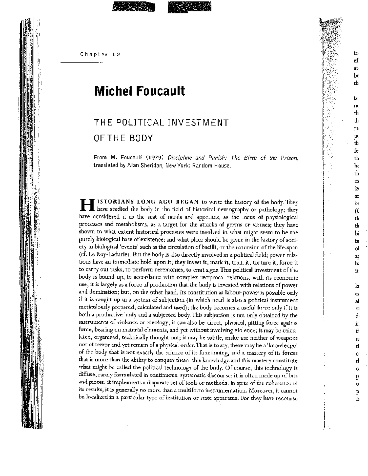 Foucault 1979 [The Political Investment of the Body] - AN456 - Studocu