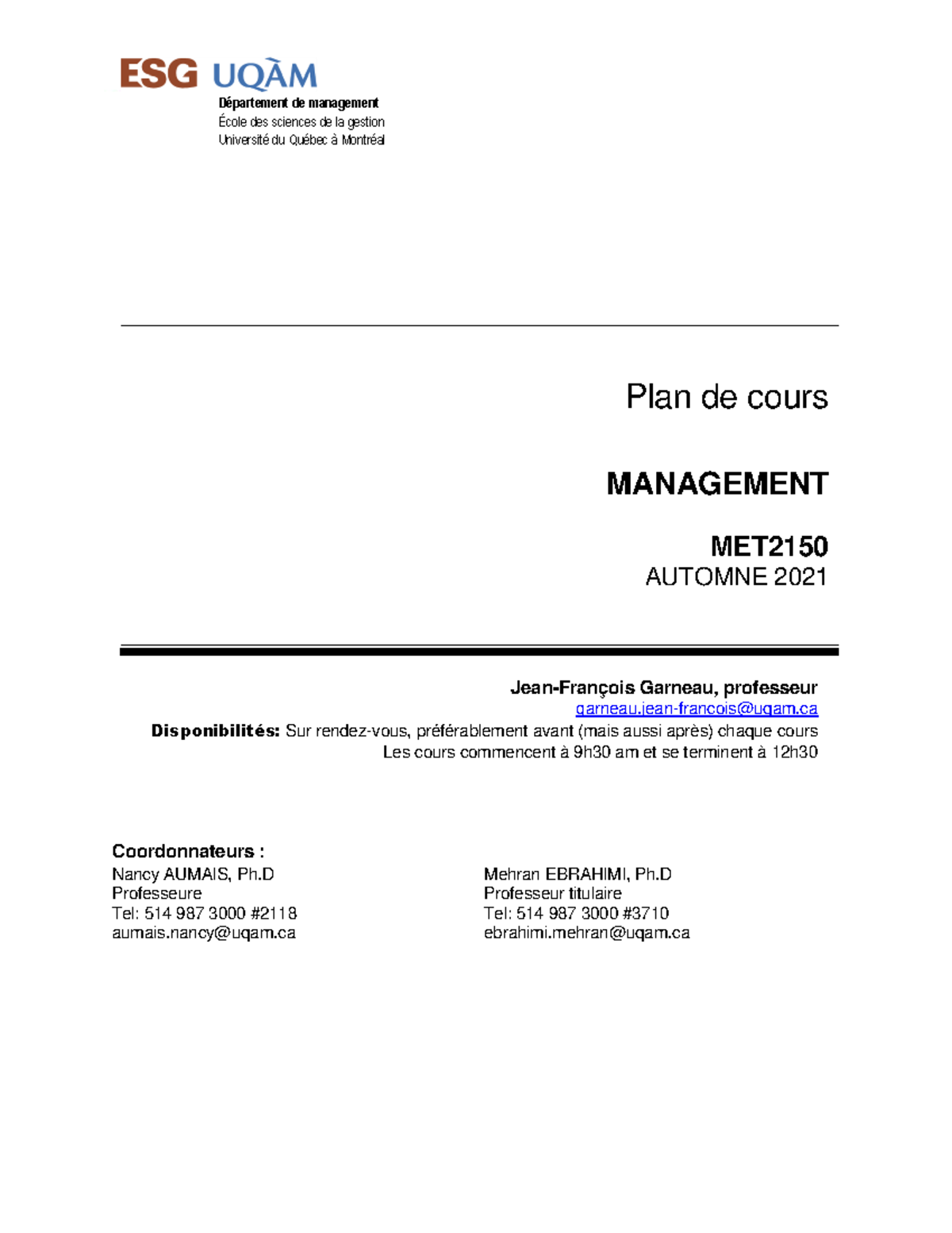 Plan de cours. Automne 2021 - Plan de cours MANAGEMENT MET AUTOMNE 2021 ...