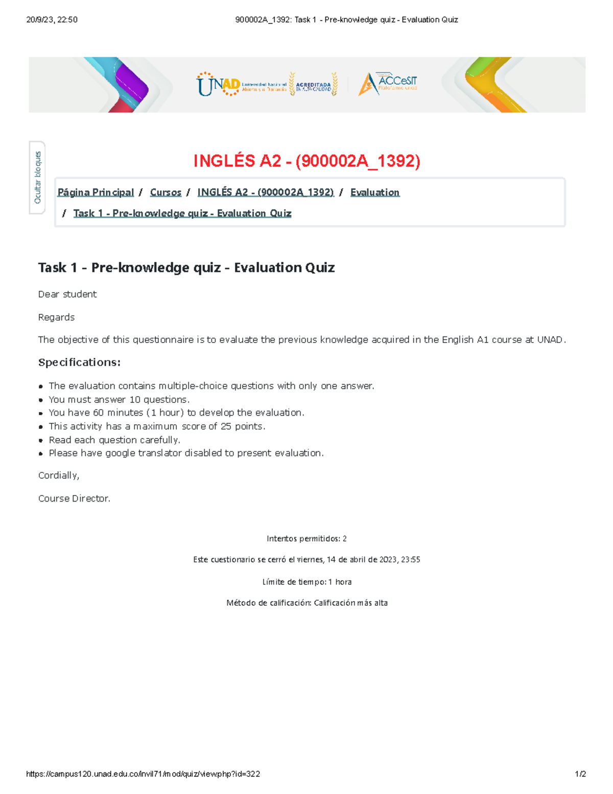 900002 A 1392 Task 1 - Pre-knowledge quiz - Evaluation Quiz - - Studocu