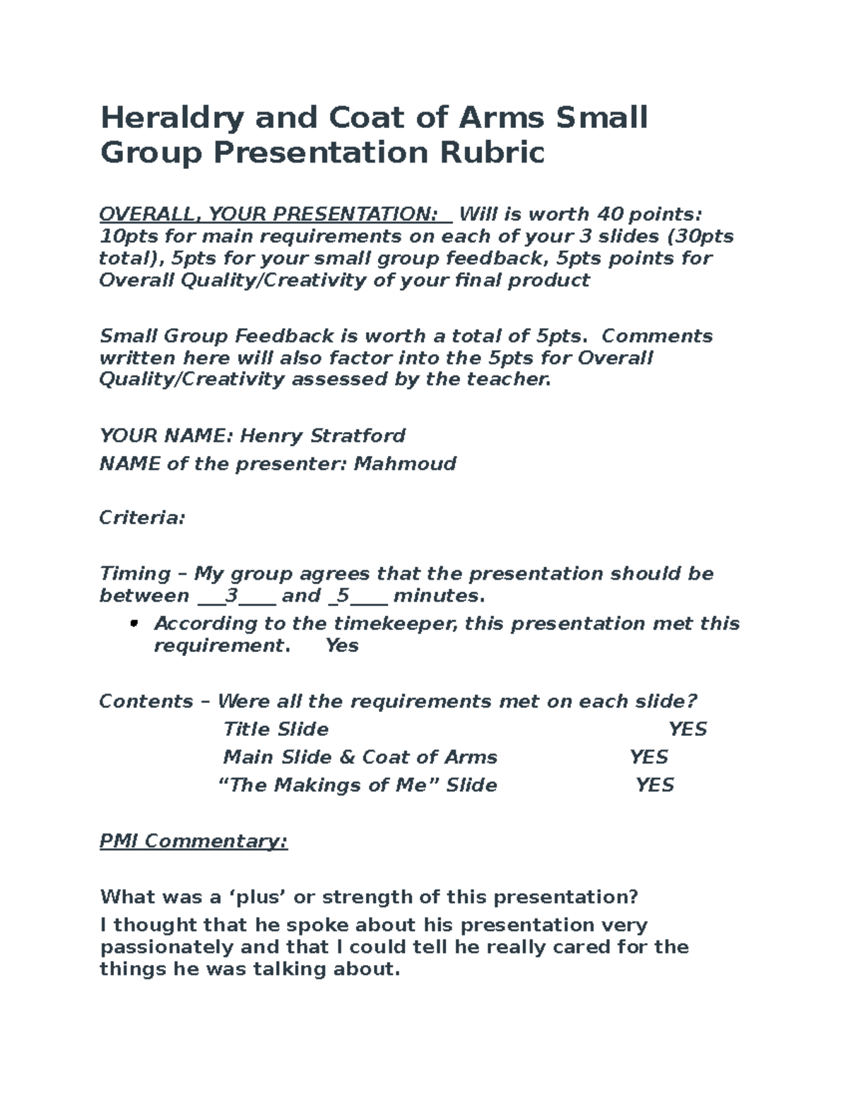 Henry's Heraldry and Coat of Arms Small Group Presentation Rubric (5 ...