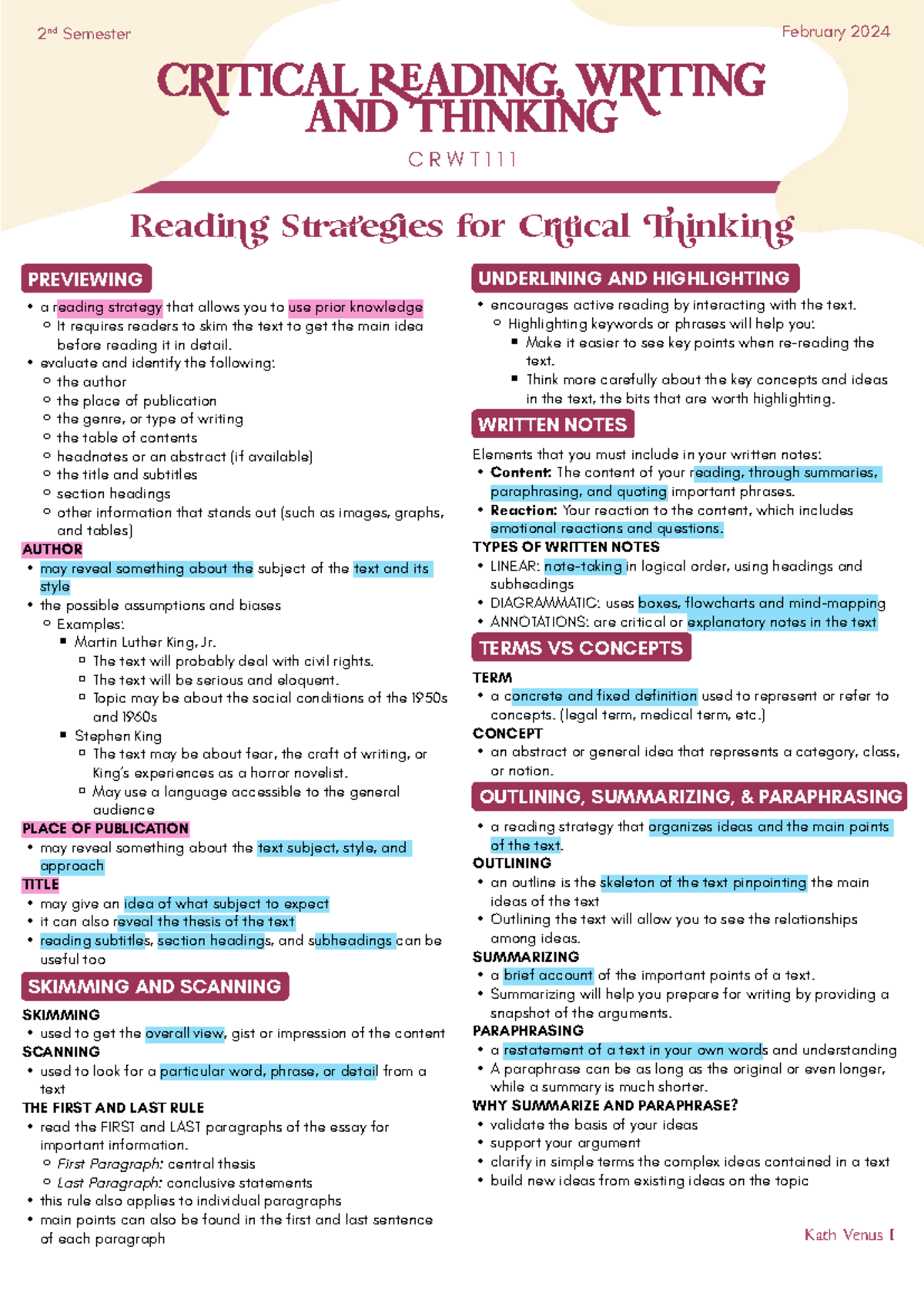 2.04 - Reading Strategies FOR Critical Thinking - • a reading strategy ...
