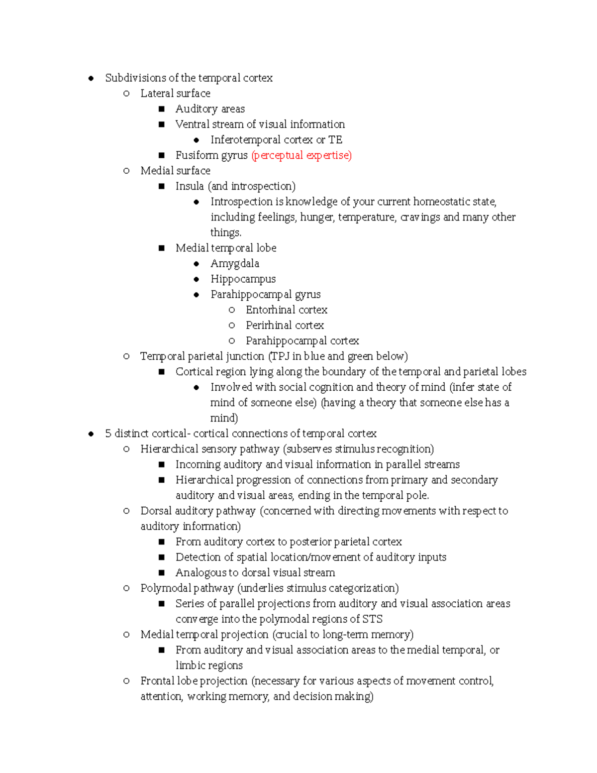 Temporal Lobe Lecture Notes Subdivisions Of The Temporal Cortex