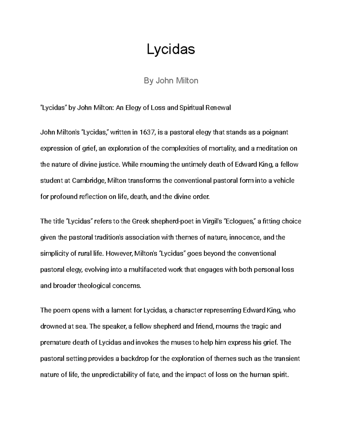 Lycidas - Lycidas By John Milton "Lycidas" by John Milton: An Elegy of ...