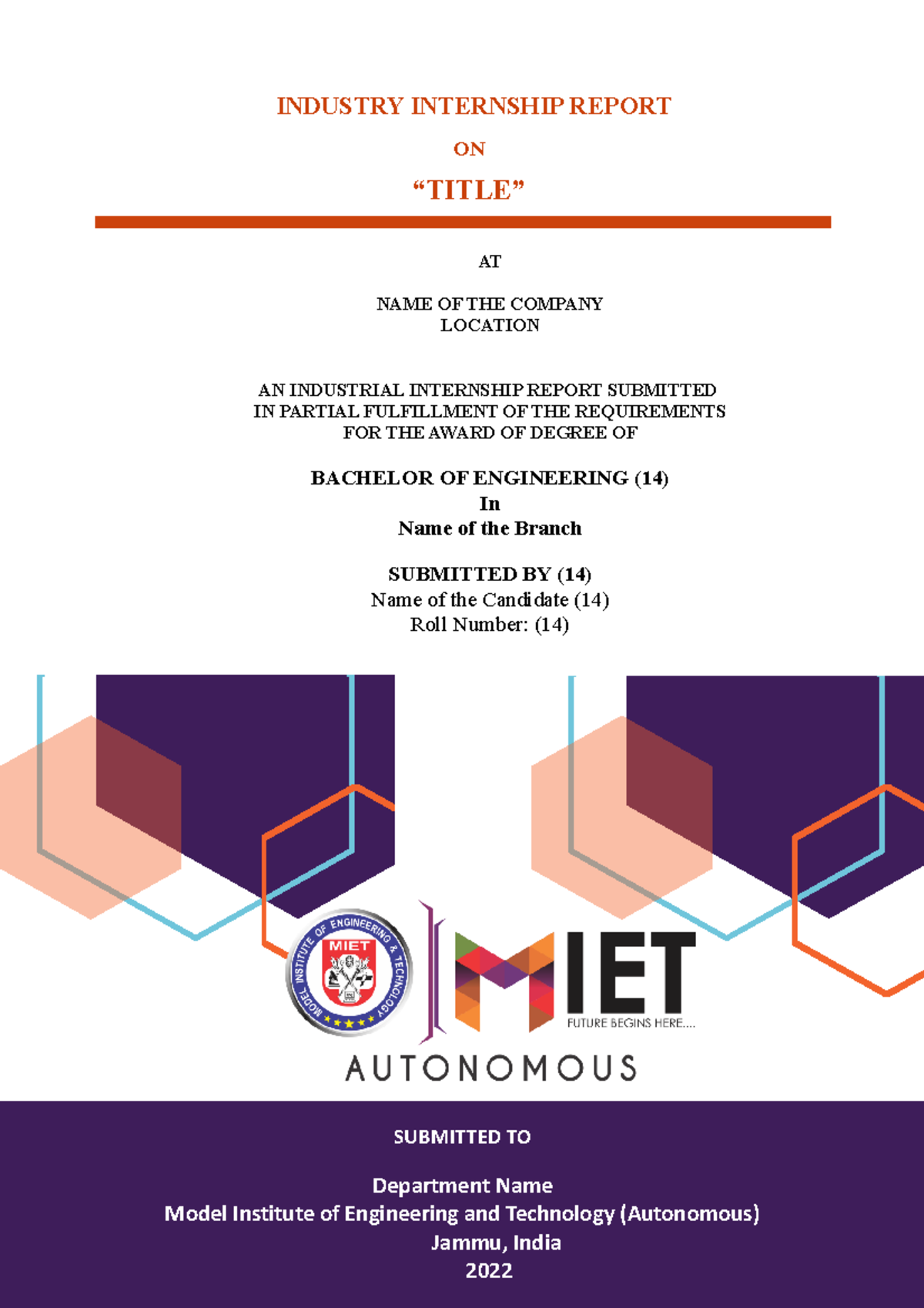 Format Industry Internship Report - SUBMITTED TO Department Name Model ...