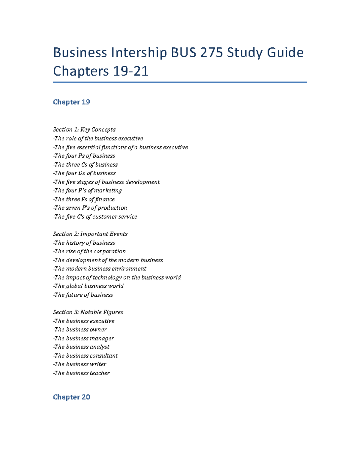 Business Intership BUS 275 Study Guide Chapters 19-21 - Business ...