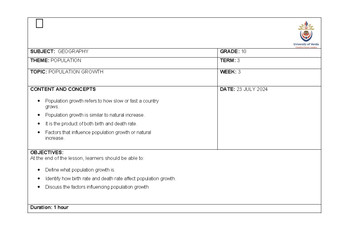 Lesson PLAN 3 GEO - SUBJECT: GEOGRAPHY GRADE: 10 THEME: POPULATION TERM ...