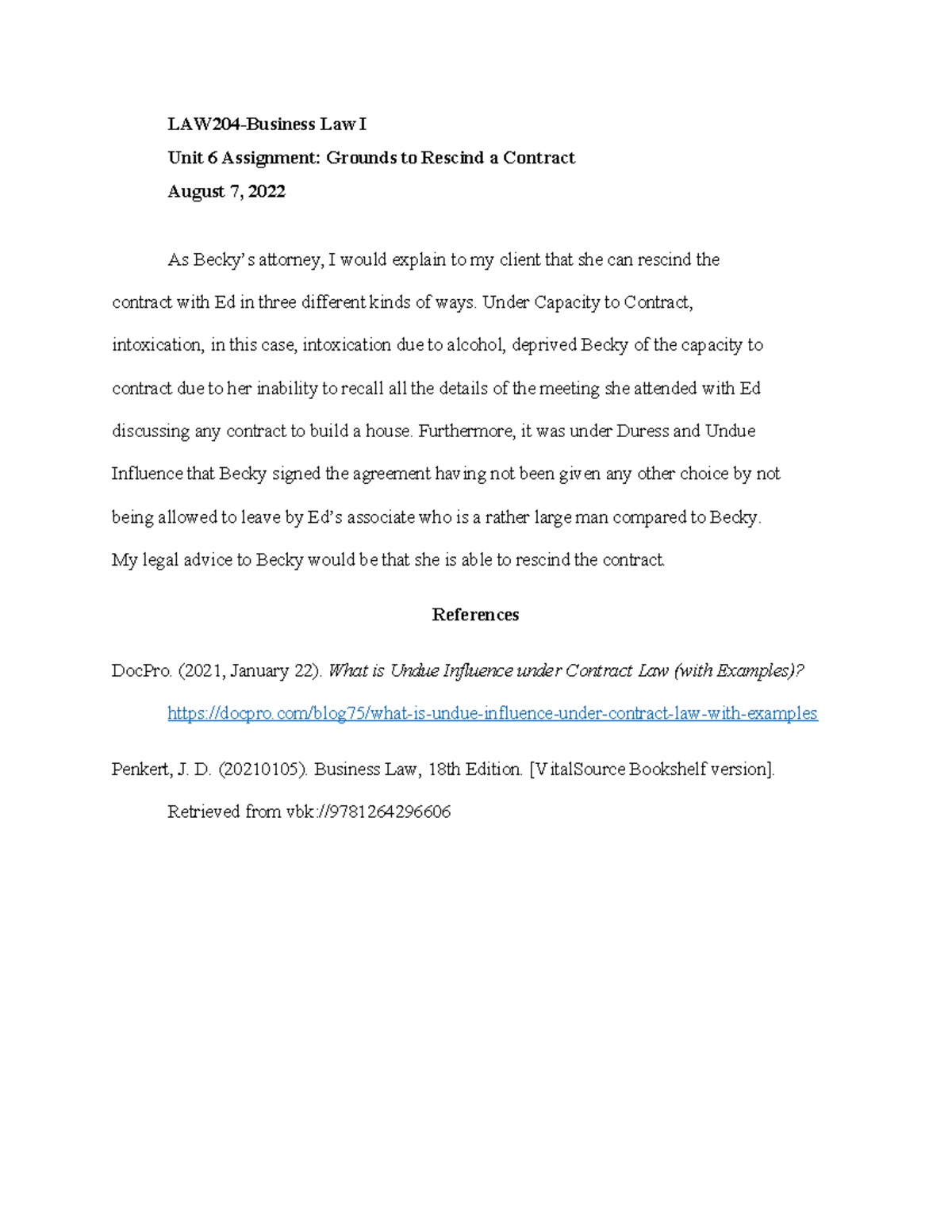 LAW204 Unit 6 Assignment-Grounds to Rescind a Contract - LAW204 ...