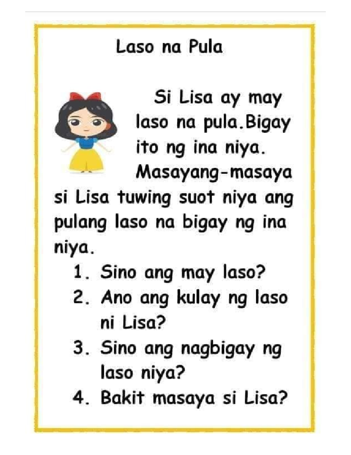 Jam worksheets - Laso na Pula Si Lisa ay may laso na pula. Bigay ito ng ...