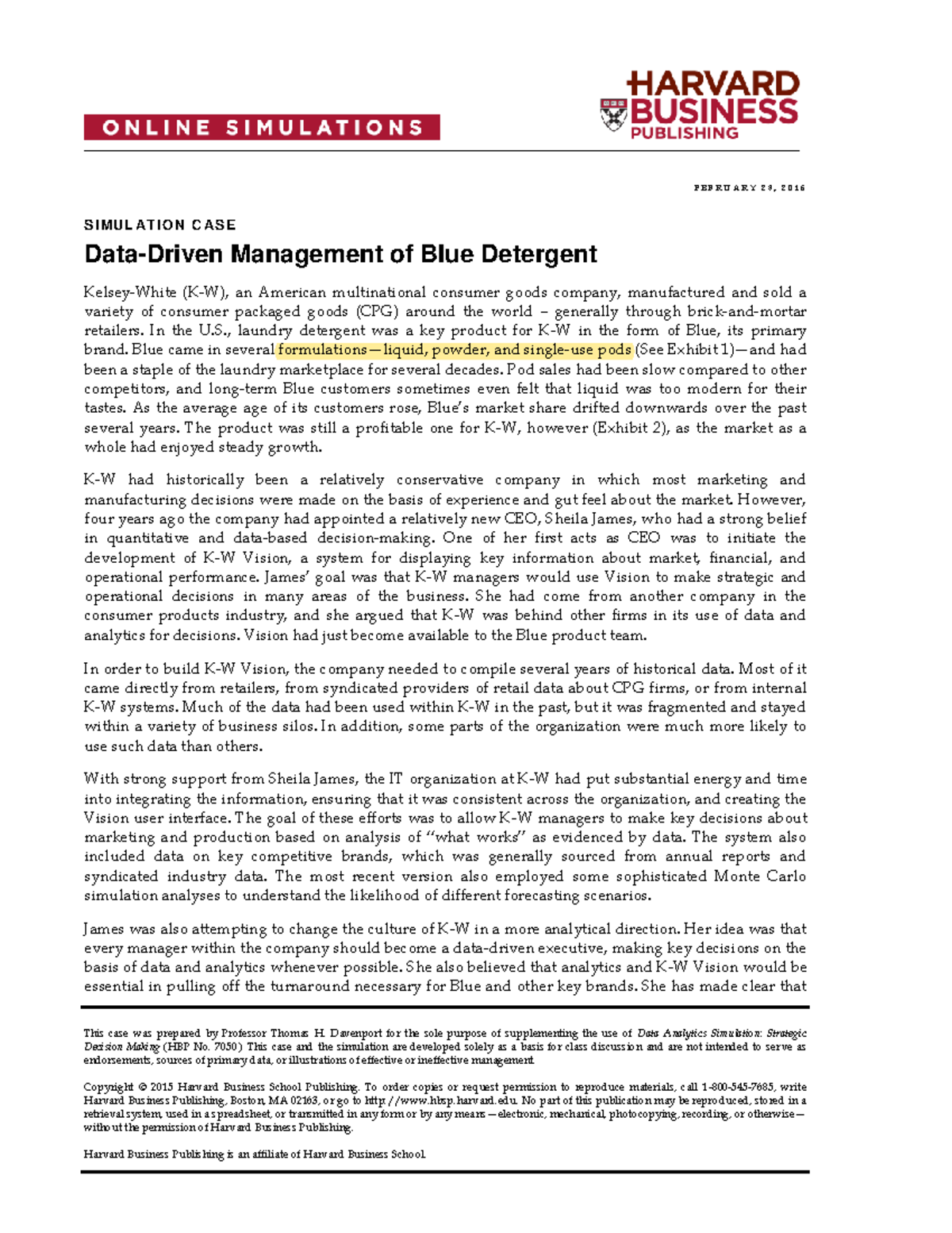 HBP Data Analytics case - This case was prepared by Professor Thomas H ...