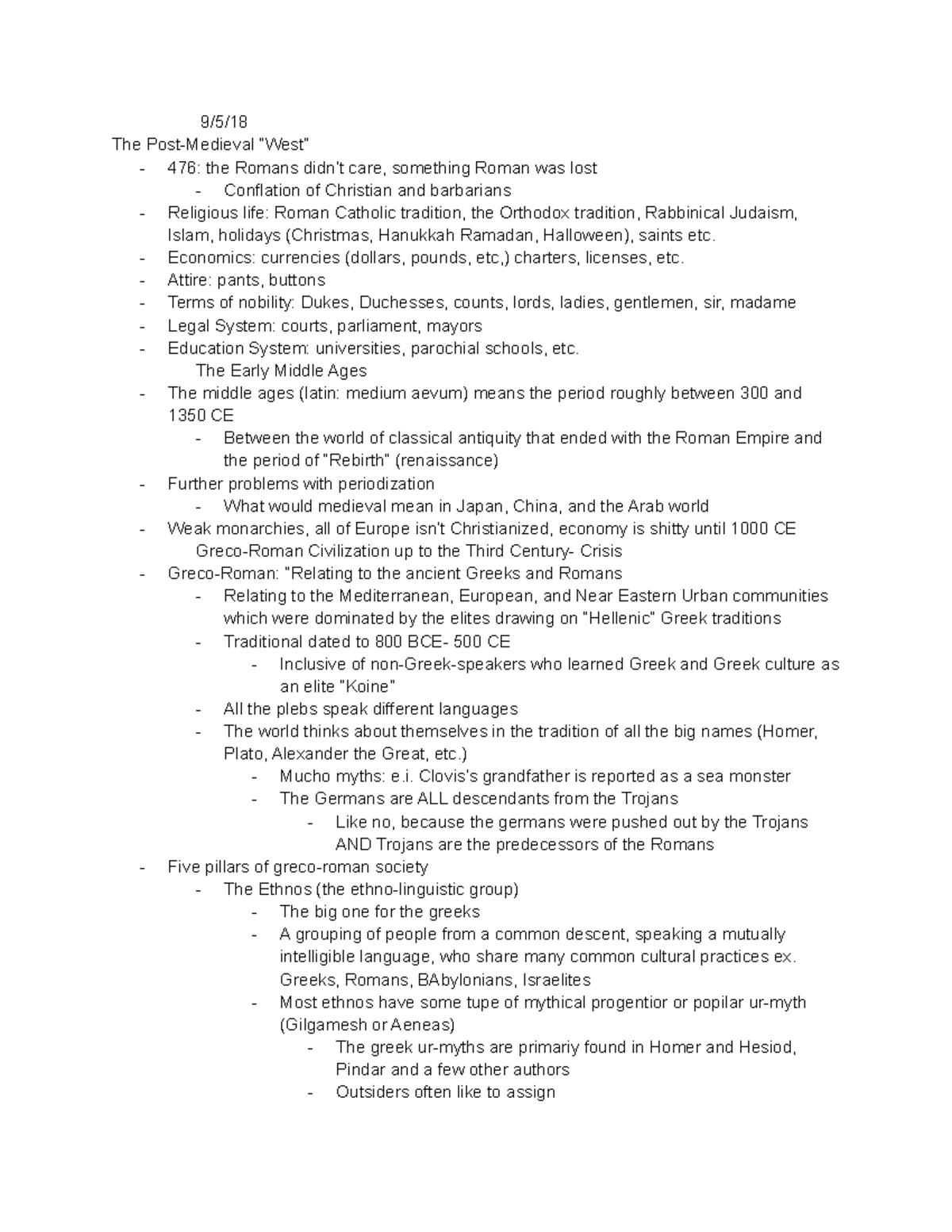 The Middle Ages - Lecture notes all - 9/5/ The Post-Medieval “West ...