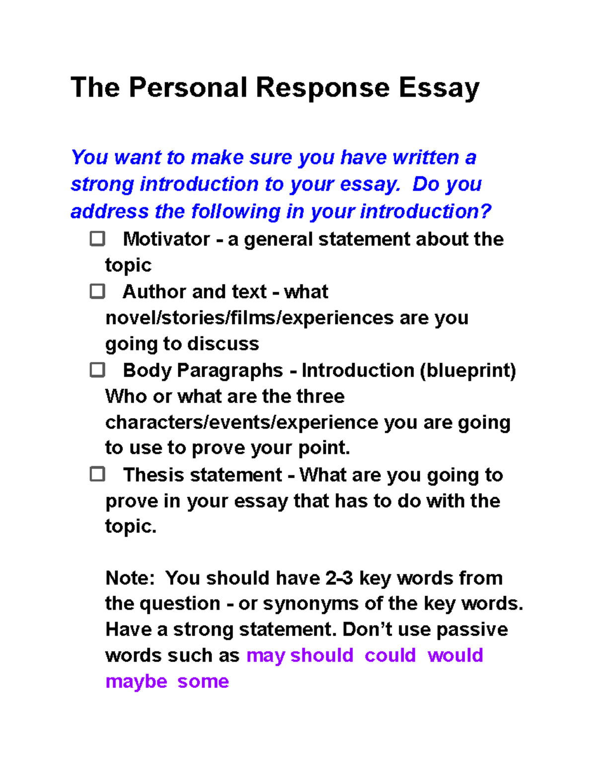 Personal response essy - The Personal Response Essay You want to make ...