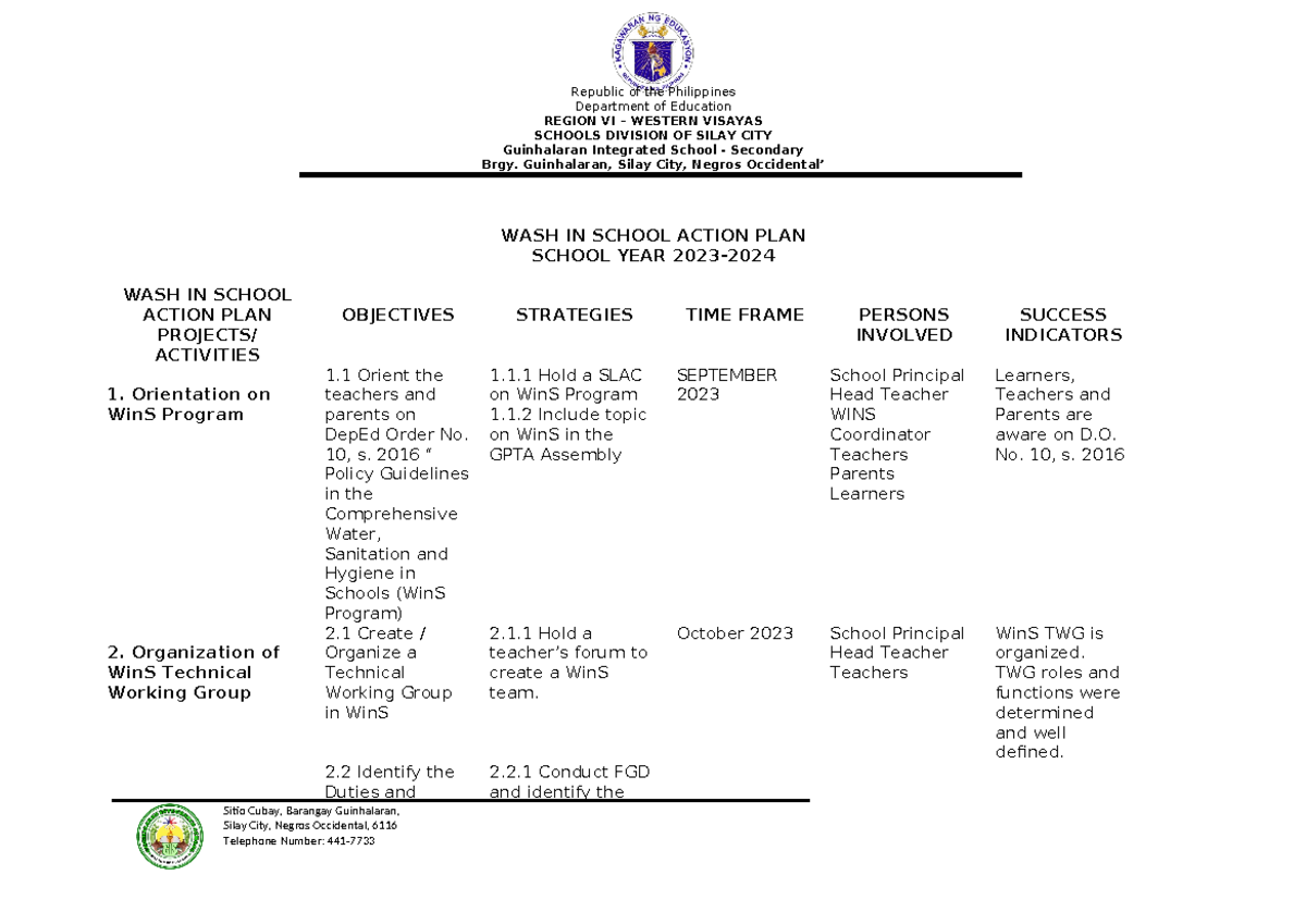 WINS Action PLAN - NOTES - Republic of the Philippines Department of ...