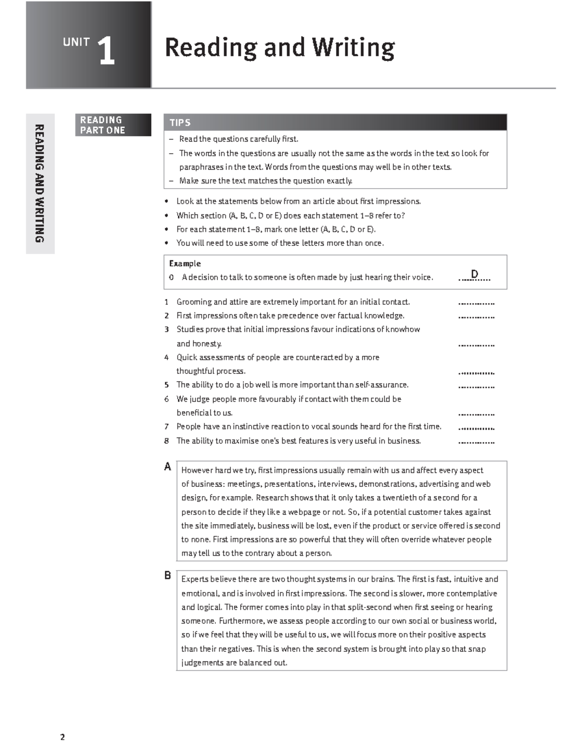 Extra Reading - READING AND WRITING 1 unit TIPS Read the questions ...