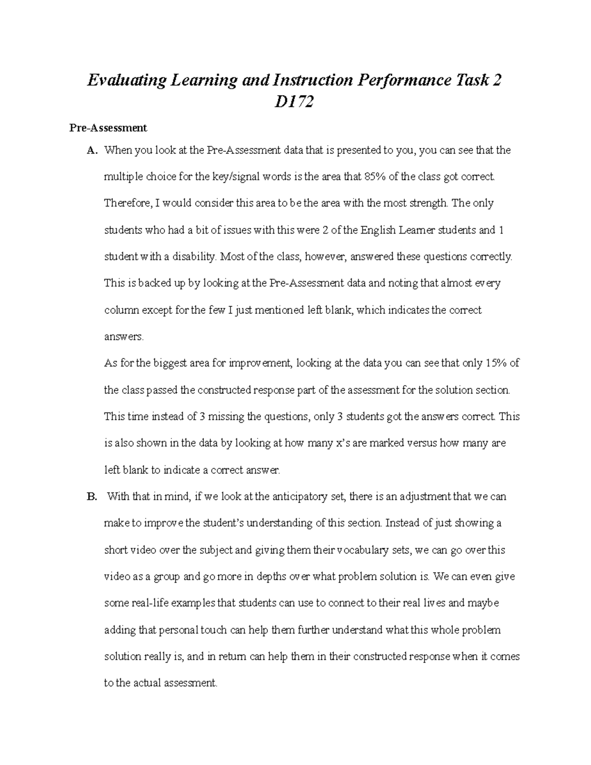 D172 Performance Task 2 - Evaluating Learning and Instruction Performance Task 2 D Pre ...