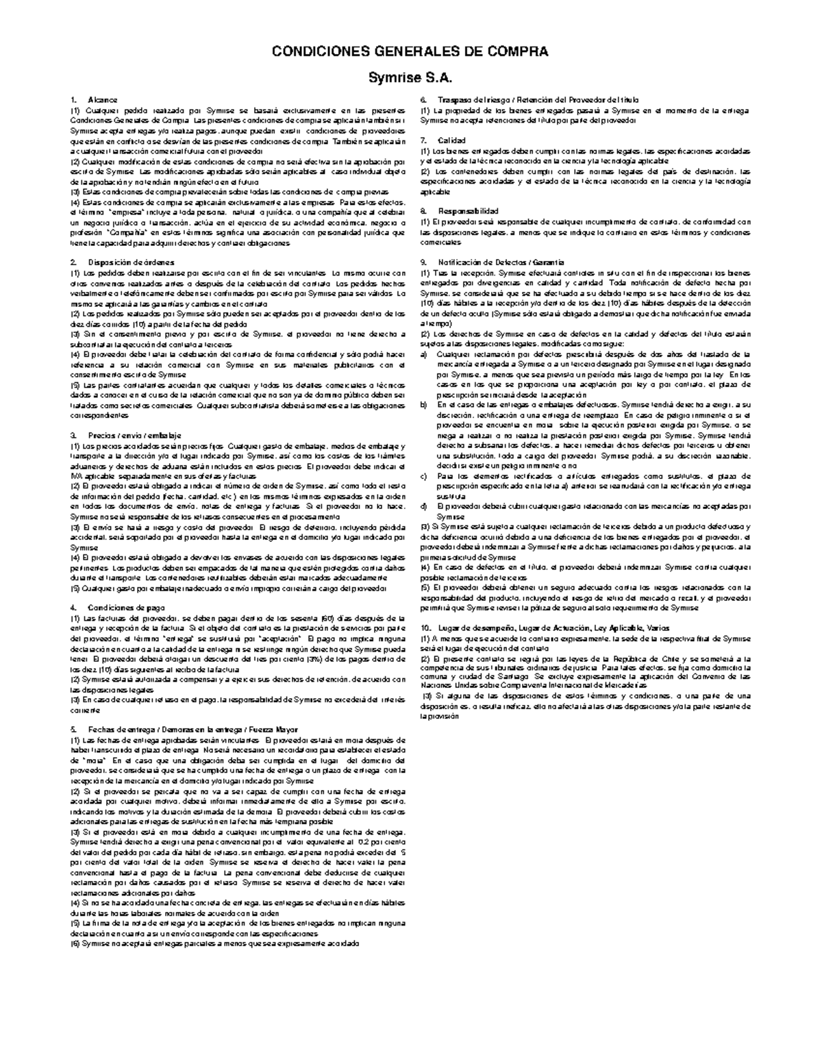 SYM Conditions of Purchase Chile ES - CONDICIONES GENERALES DE COMPRA Symrise S. Alcance (1 ...