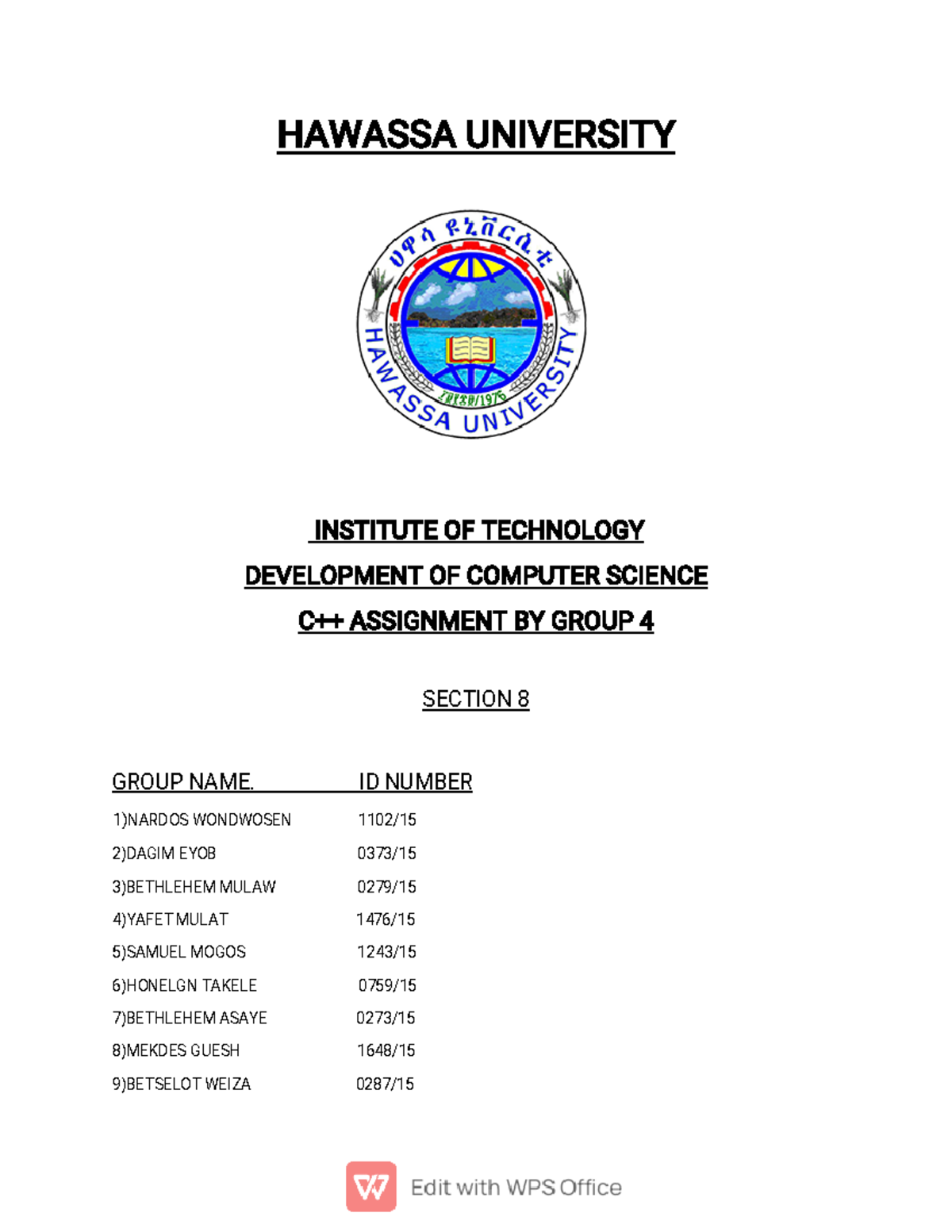 C++newanswer - HAWASSA UNIVERSITY INSTITUTE OF TECHNOLOGY DEVELOPMENT OF COMPUTER SCIENCE C++ ...