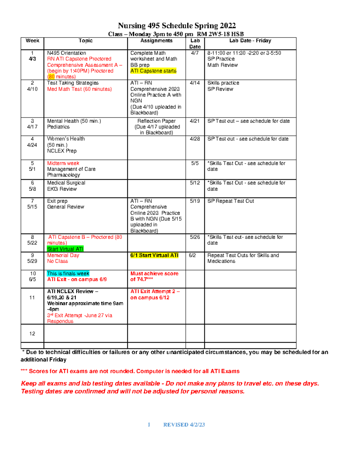 N495 Spring Schedule Student Revised 4 2 23 - Nursing 495 Schedule ...