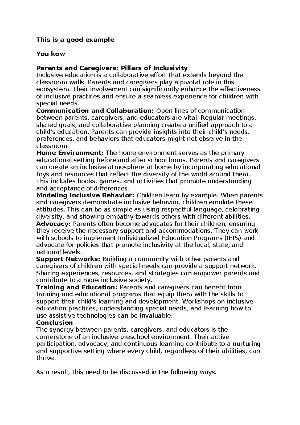 Ala - example - This is a good example You kow Parents and Caregivers ...