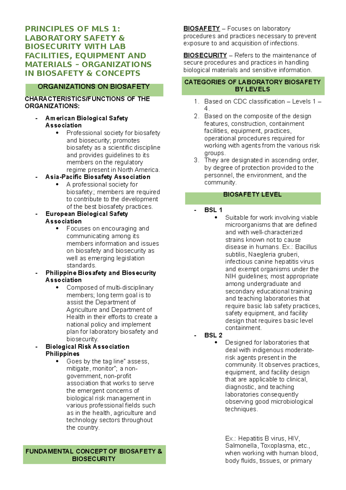 Principles OF MLS 1 Notes - PRINCIPLES OF MLS 1: LABORATORY SAFETY ...