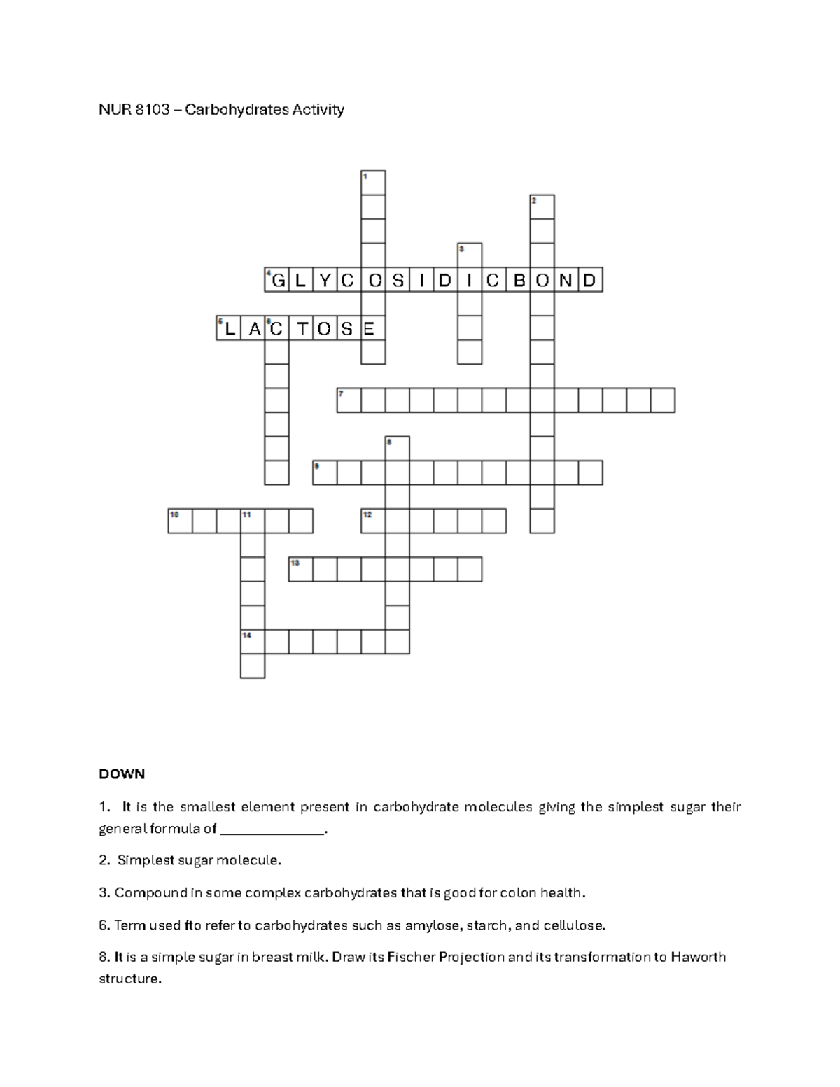 NUR 8103 Carbohydrates Activity - Biochemistry - NUR 8103 ...