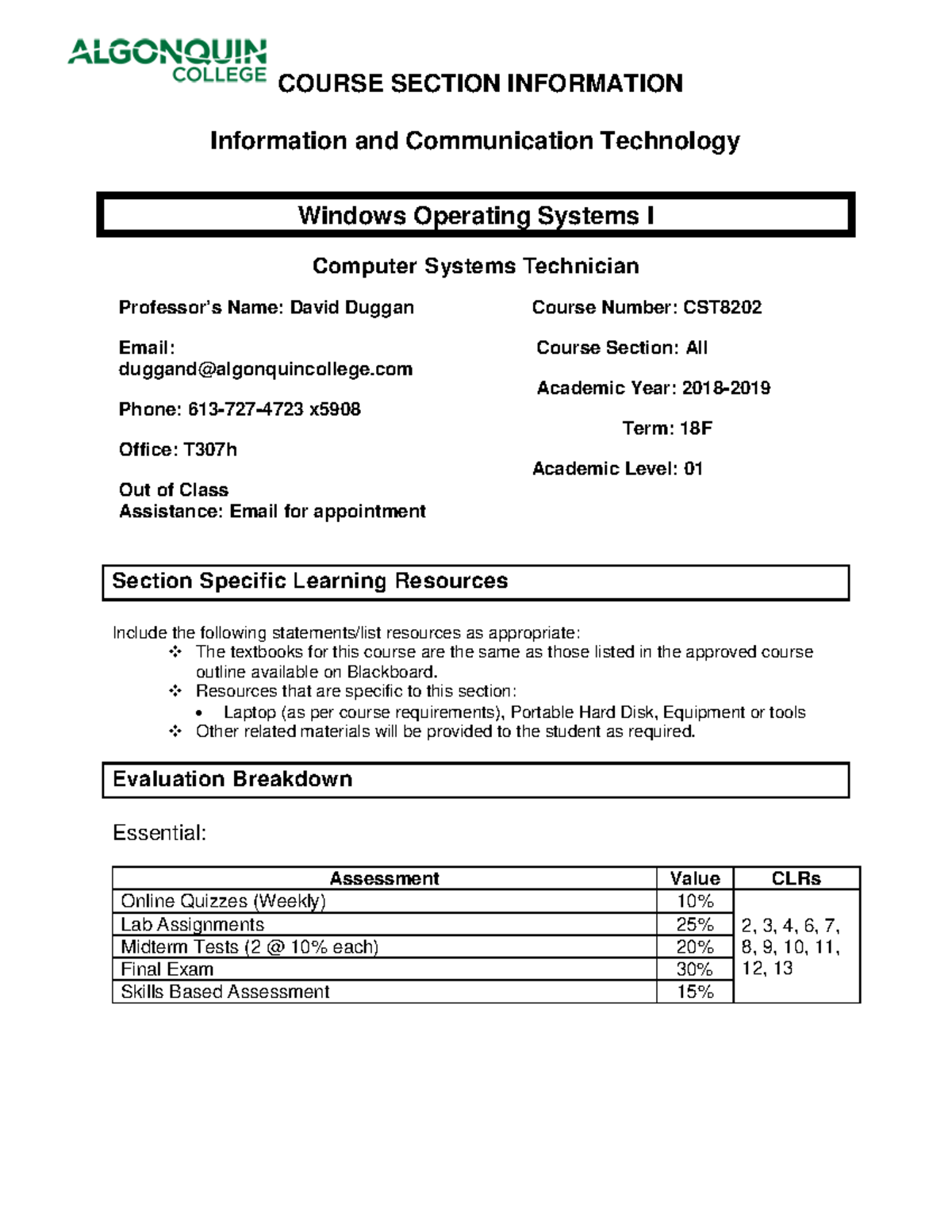 Complete Course & Assessment Schedule CSI-CST8202-18F - COURSE SECTION ...