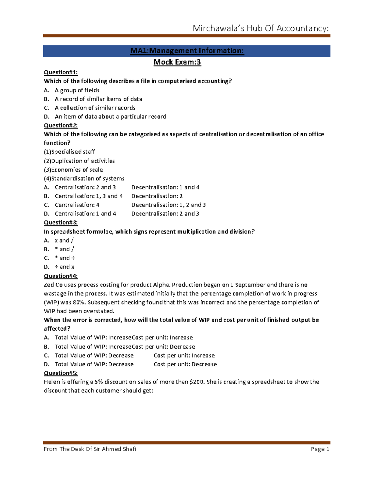 MA1 Mock 3 - solve - MA1:Management Information: Mock Exam: Question#1 ...