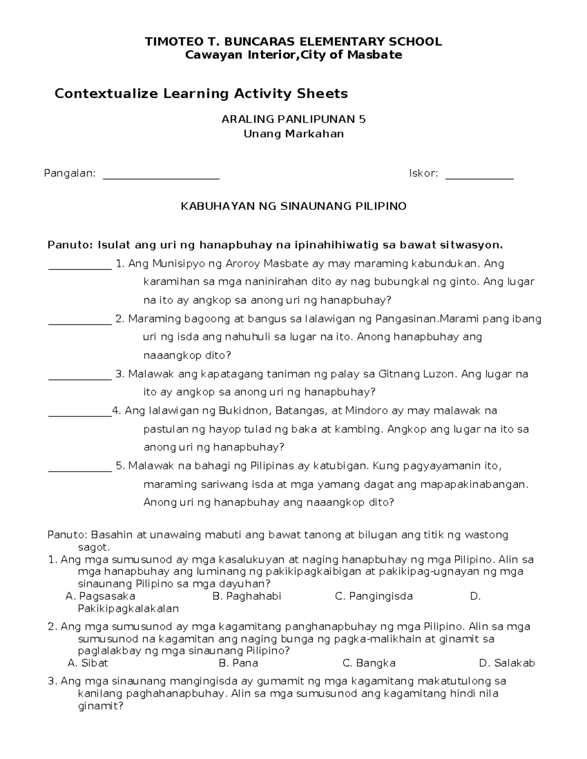 LAS AP- Kabuhayan-NG- Sinaunang- Pilipino-Q1 edited - TIMOTEO T ...