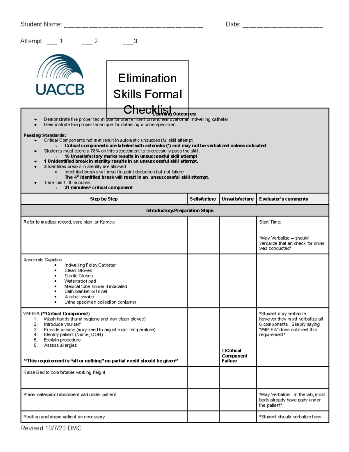 Elimination Skills Formal Checklist - Student Name