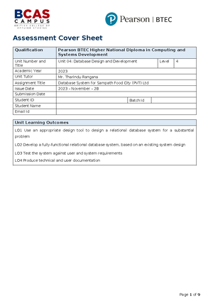 Case study assignment cover page template - Database Design and ...