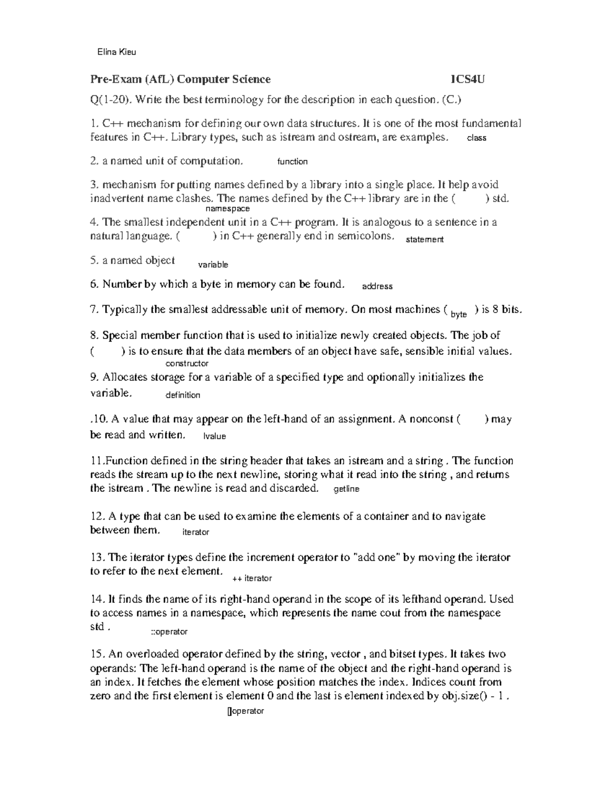 Pre Exam 1 - Pre Test prep - Pre-Exam (AfL) Computer Science ICS4U Q(1 ...