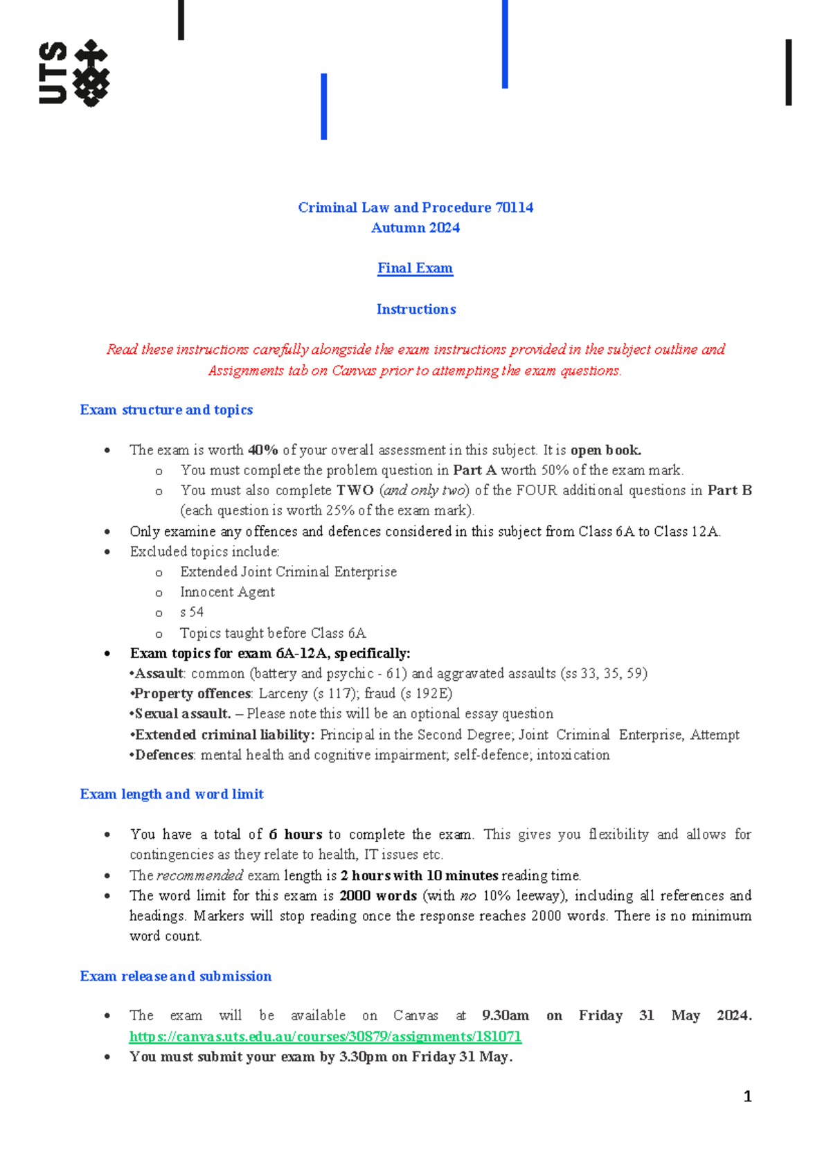 Criminal Law Exam Instructions Aut 2024 - Criminal Law and Procedure ...