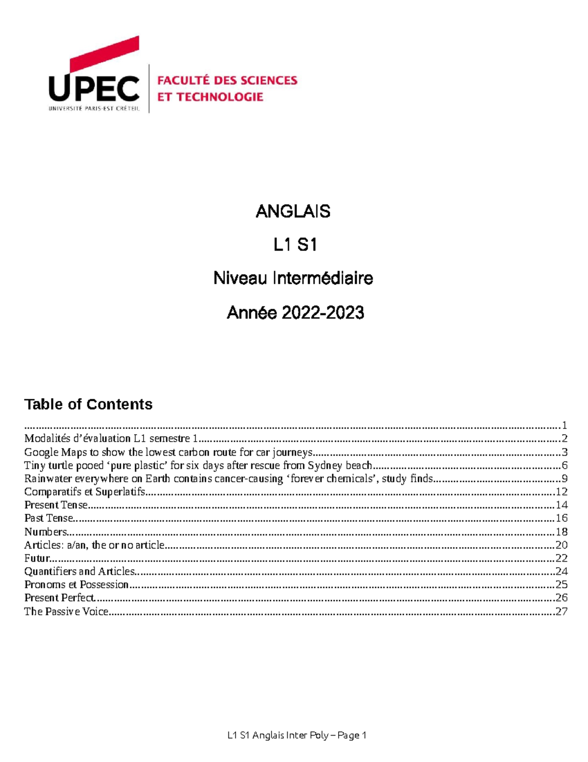 Poly 2022 23 anglais inter L1 S1 - ANGLAIS L1 S Table of Contents - L1 S Année 2022- Niveau ...
