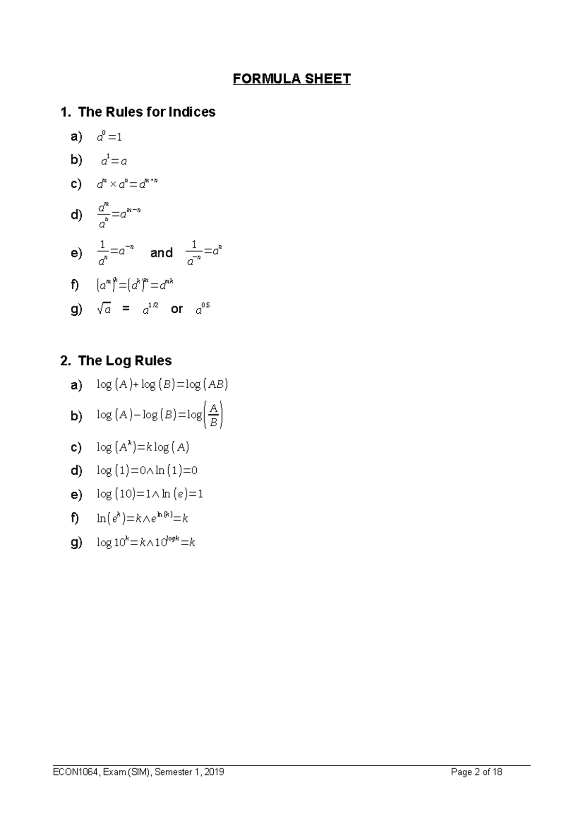Formula Sheet-2 - FORMULA SHEET 1. The Rules for Indices a) a 0 = 1 b ...