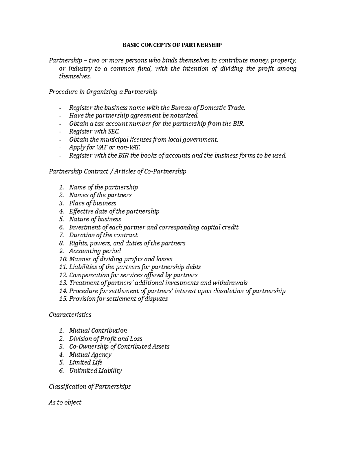 Partnership Formation - BASIC CONCEPTS OF PARTNERSHIP Partnership – two ...