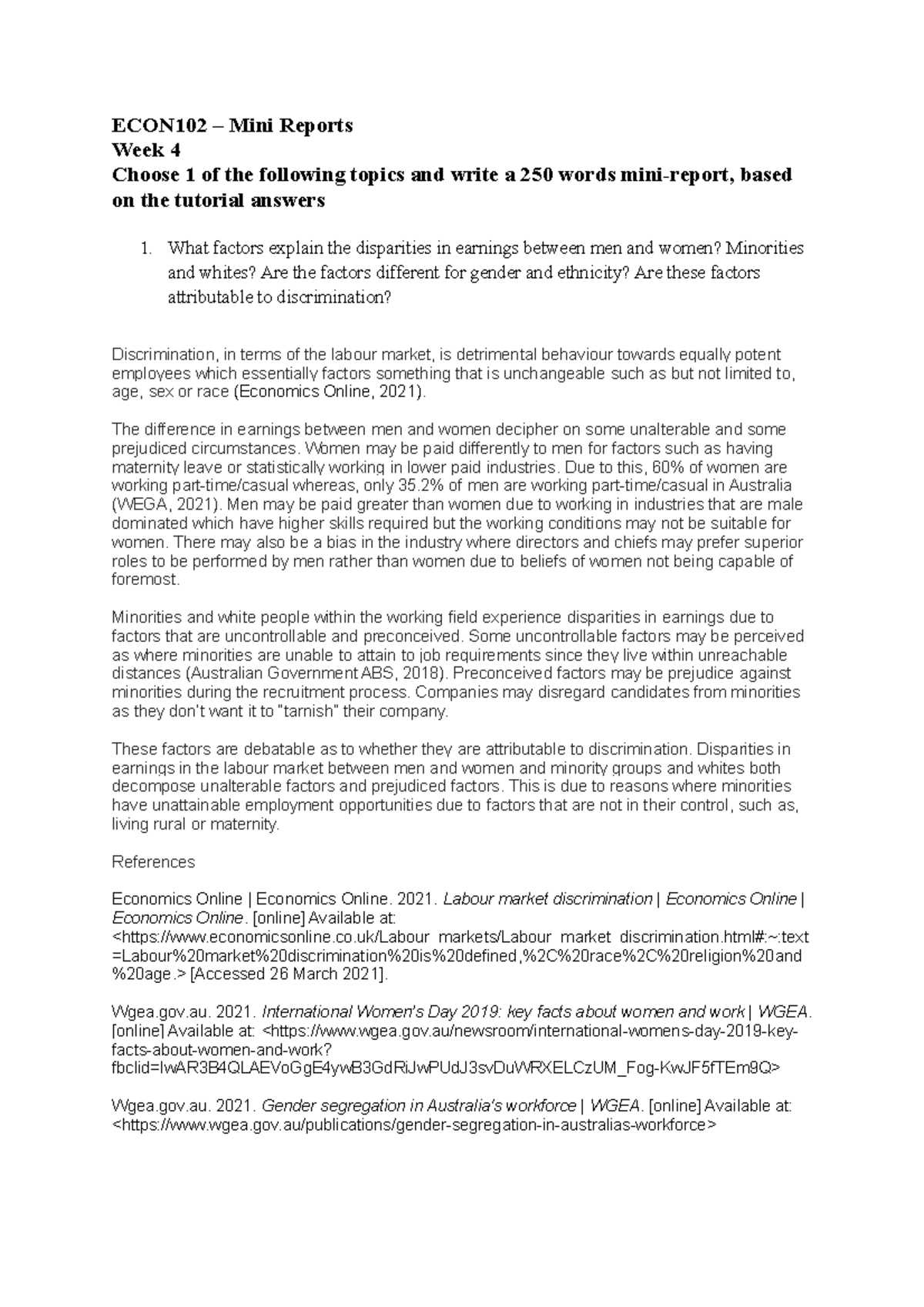 Mini reports - Part 2 Assessment 250 word mini report - ECON102 – Mini ...