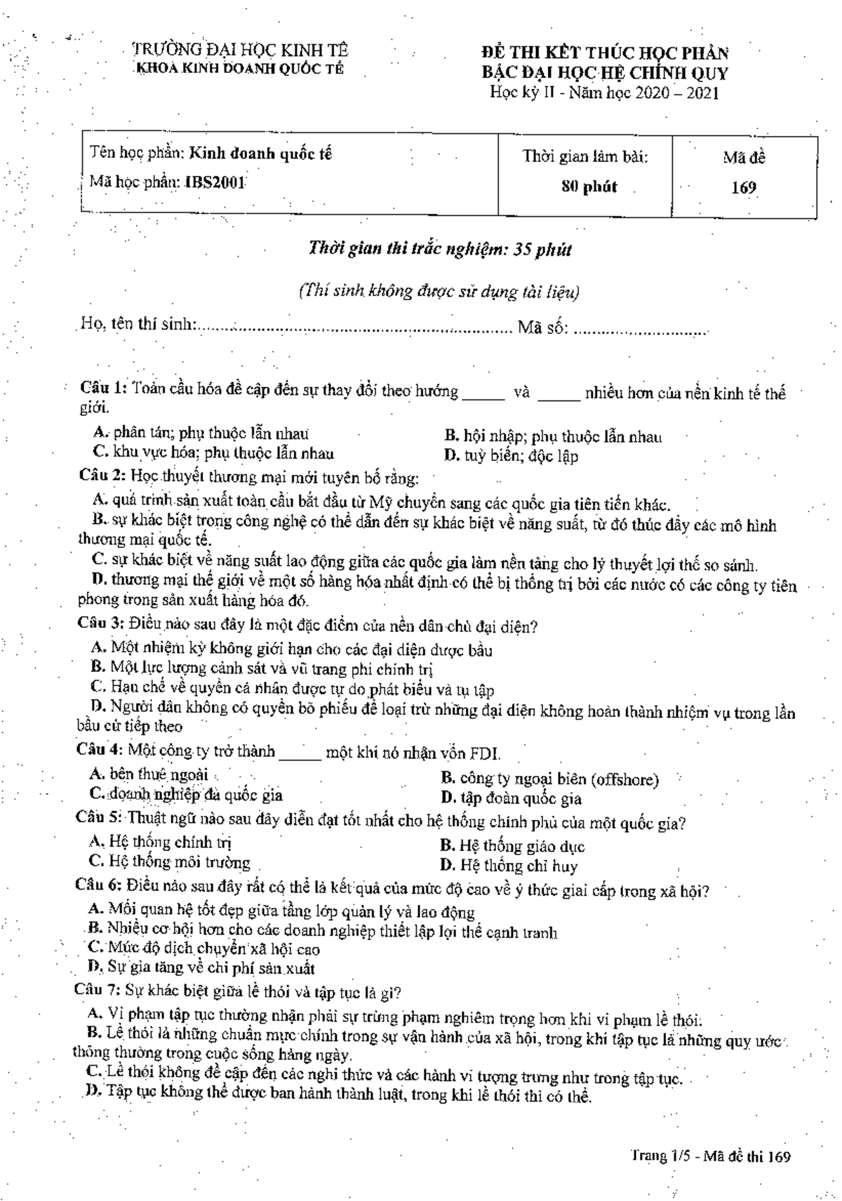 KDQT Đề học kì (2020 - 2021) Đề trắc nghiệm - EC3343 - Studocu