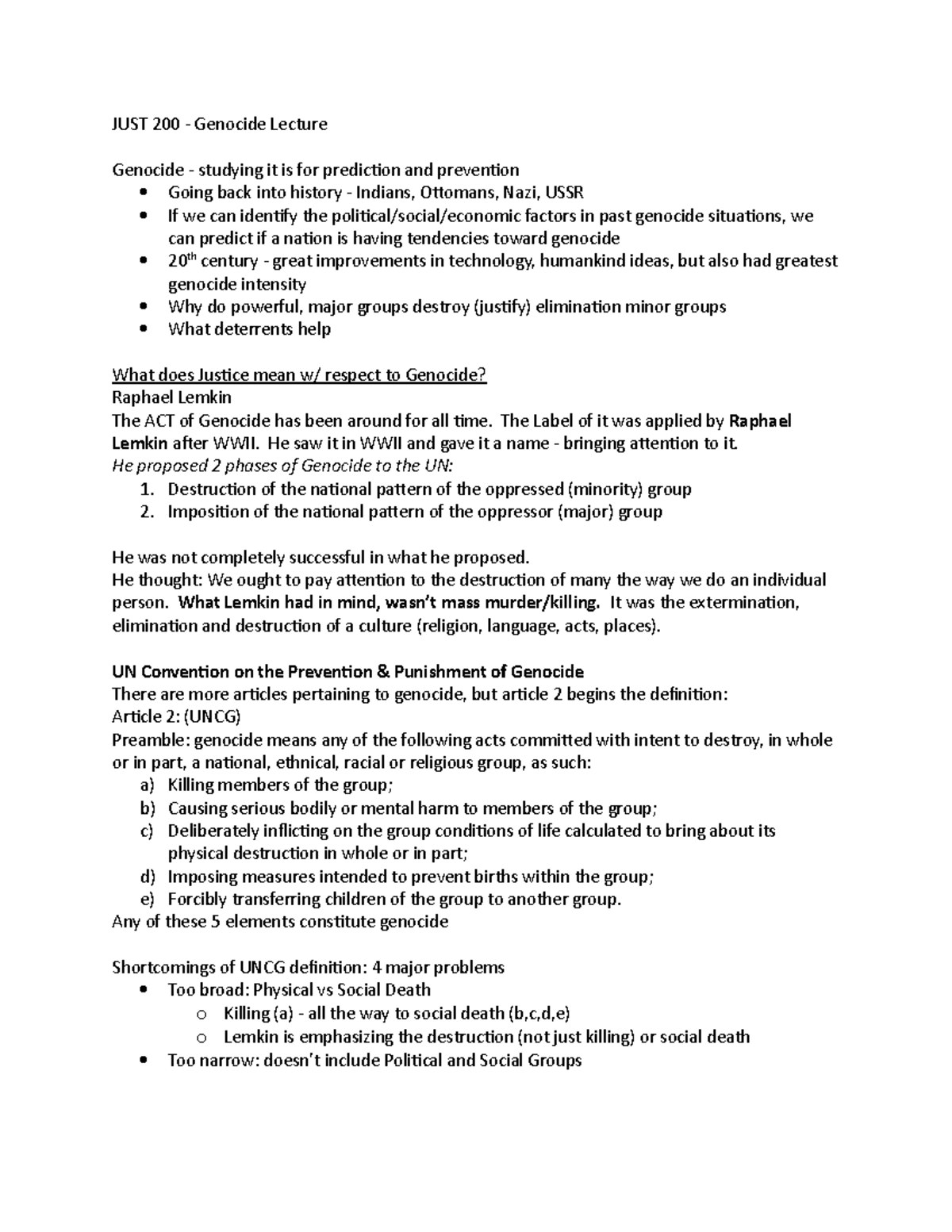 JUST 200 - Genocide Notes - JUST 200 - Genocide Lecture Genocide ...