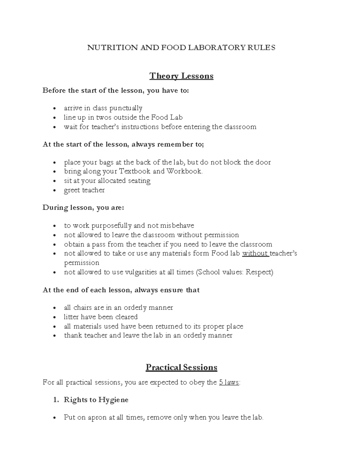 Nutrition AND FOOD Laboratory Rules - NUTRITION AND FOOD LABORATORY ...