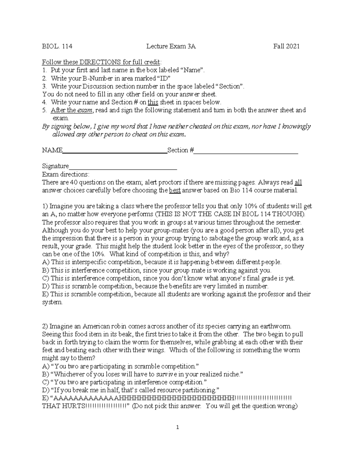 E3A Individual key - BIO 114 Exam 3 Fall 2021 - BIOL. 114 Lecture Exam ...