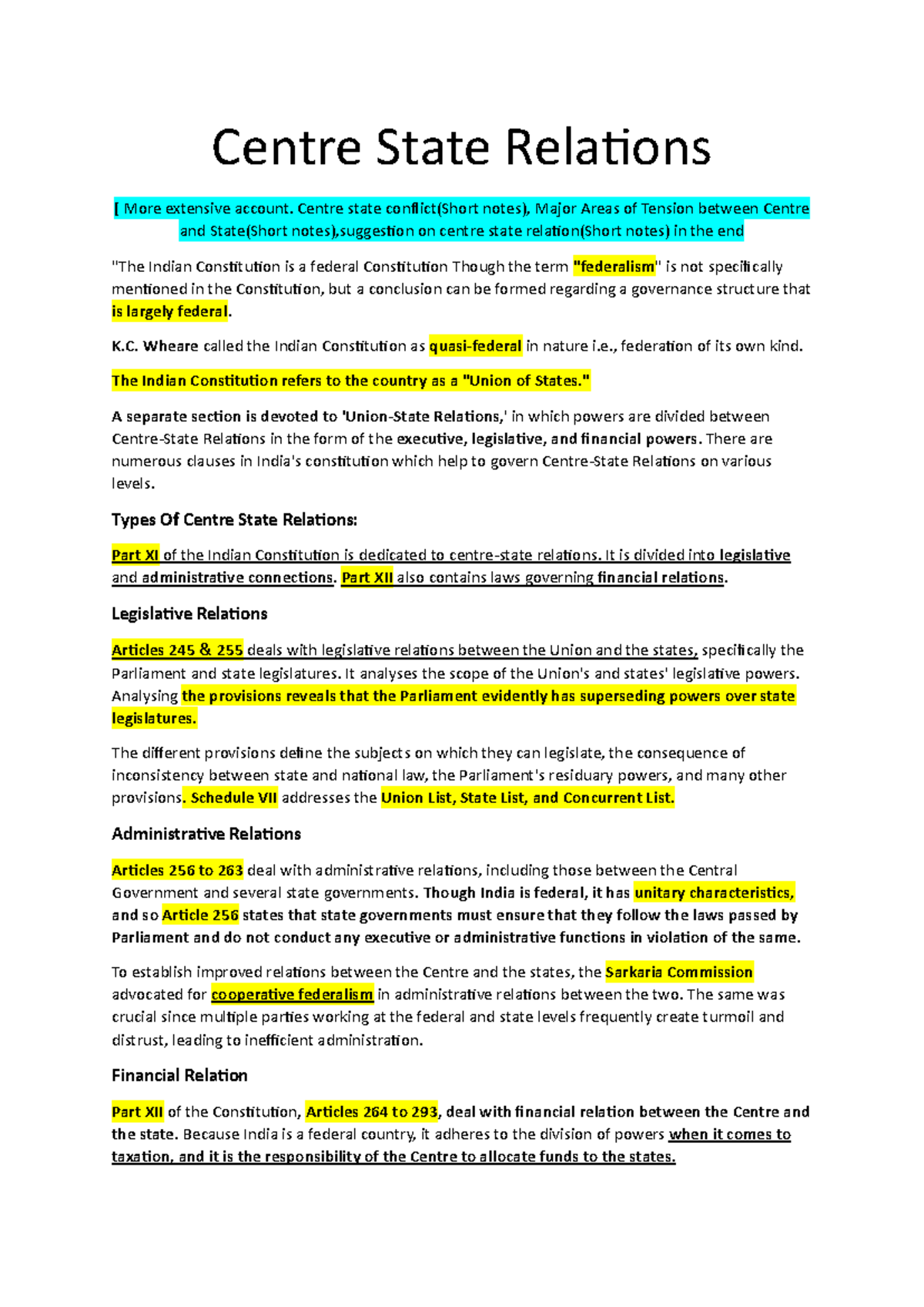 Centre State Relations Extensive note - Centre State Relations [ More ...