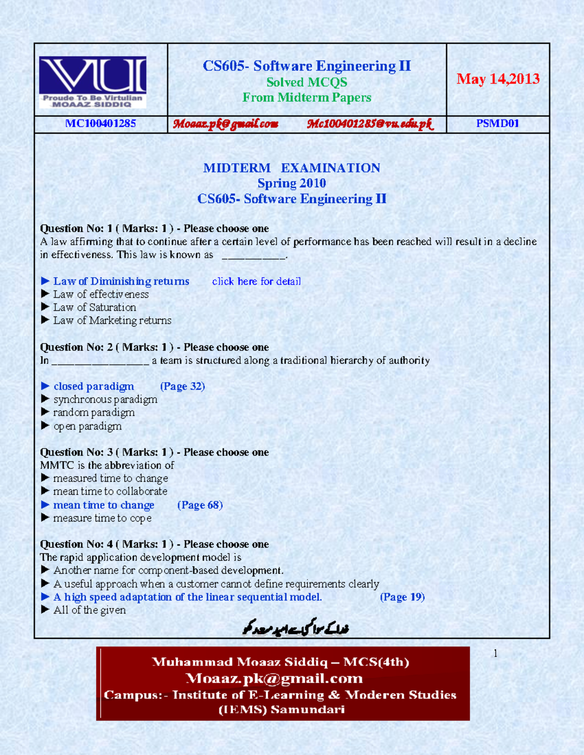 CS605 Midterm Solved Mcqs with references by Moaaz - CS605- Software Engineering II Solved MCQS ...