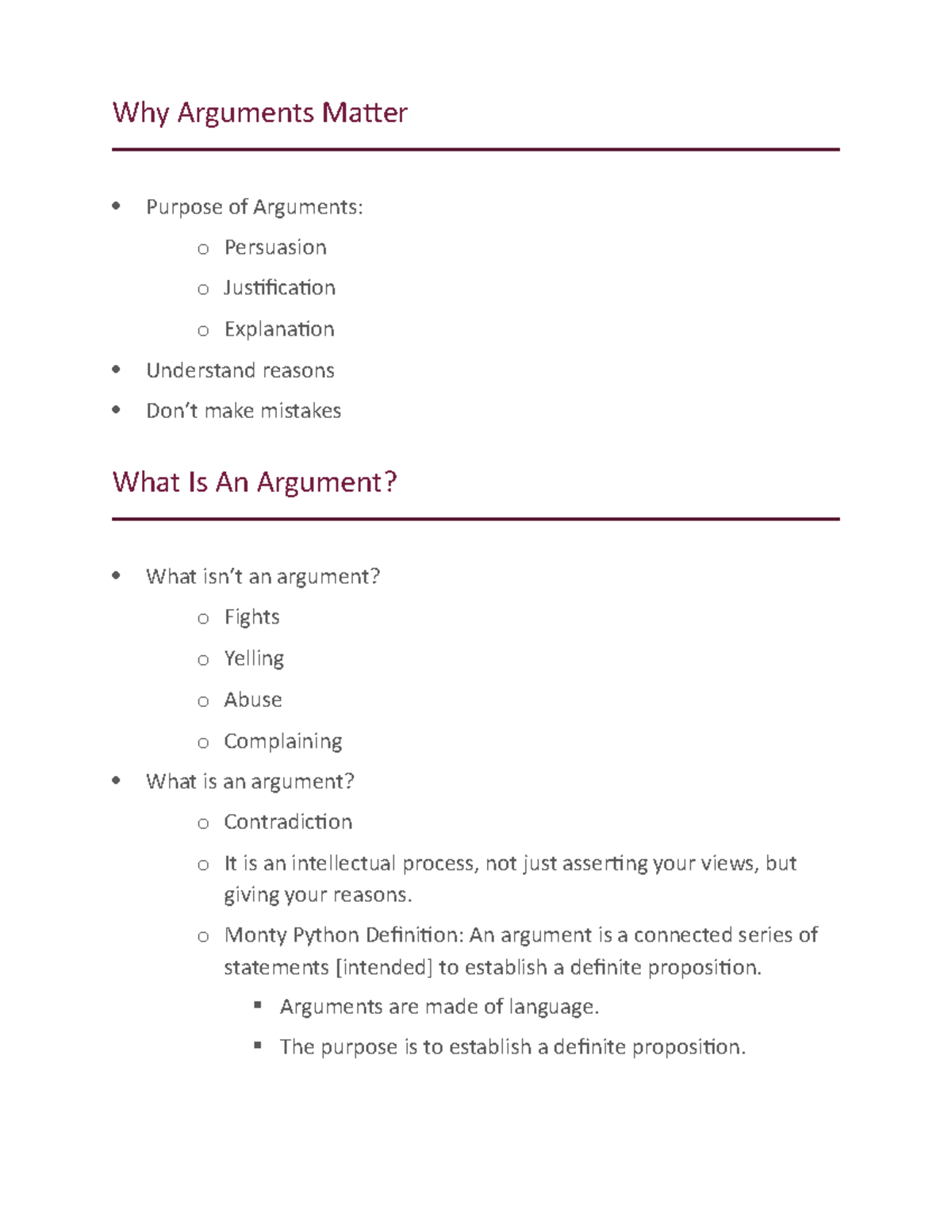 Lesson 1 Notes - Why Arguments Matter Purpose of Arguments: o ...