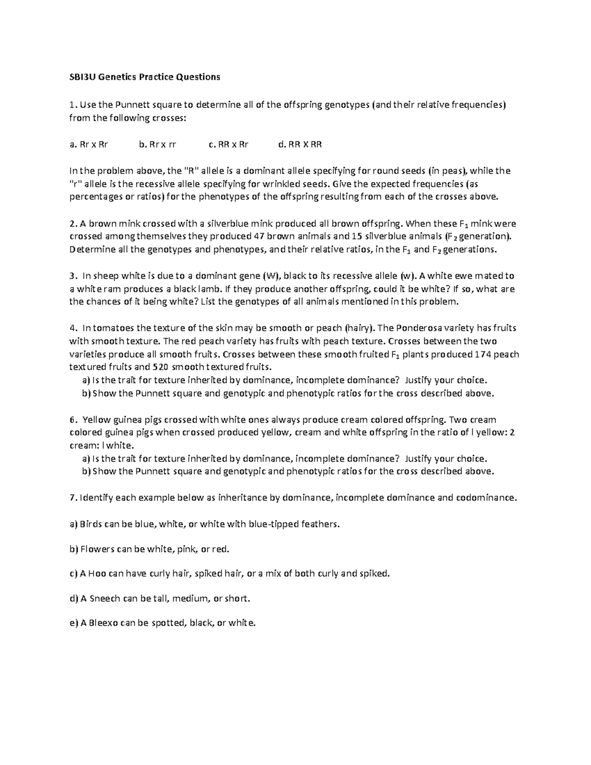 Sbi3u genetics forms of dominance practice questions - SBI3U Genetics ...