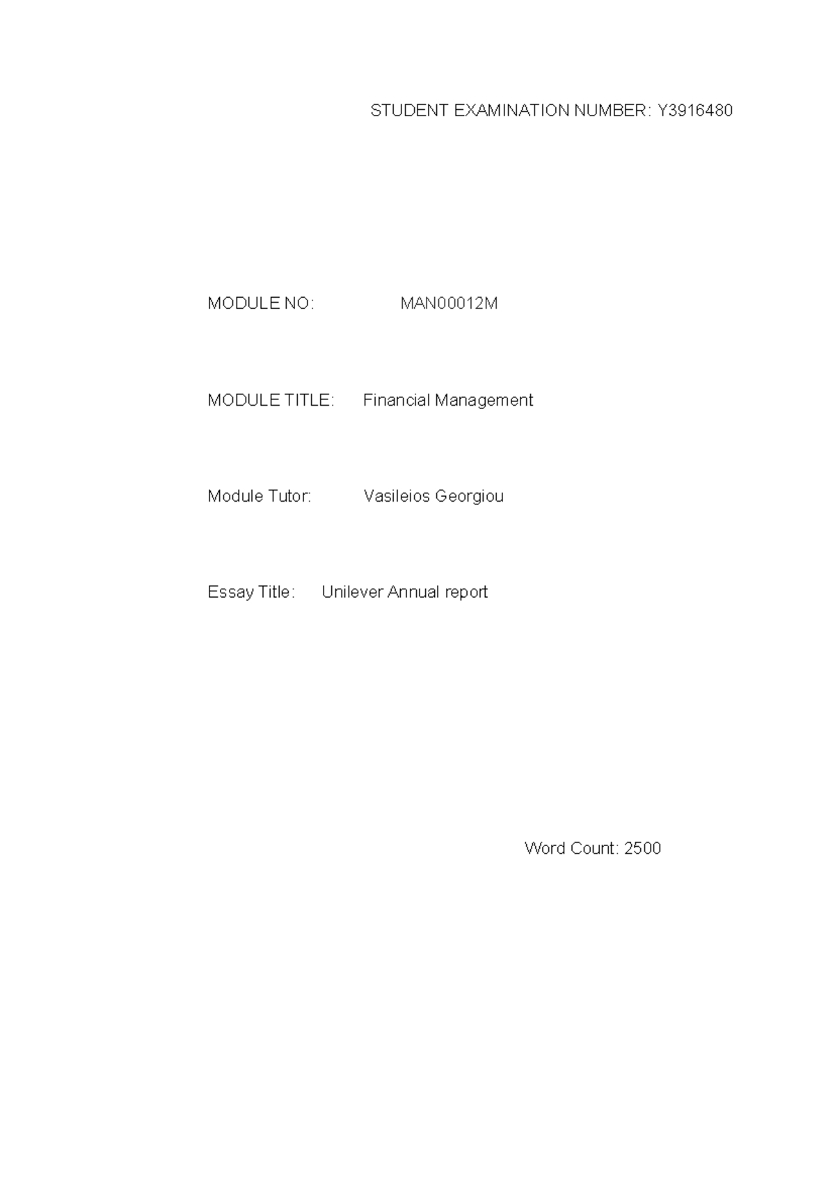 Financial management sample - STUDENT EXAMINATION NUMBER: Y MODULE NO ...